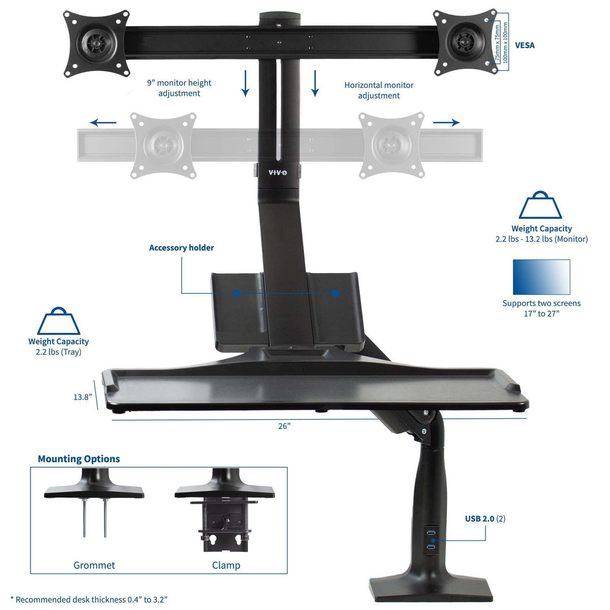 VIVO Sit-to-Stand Dual Monitor Desk Mount Workstation with USB, STAND ...